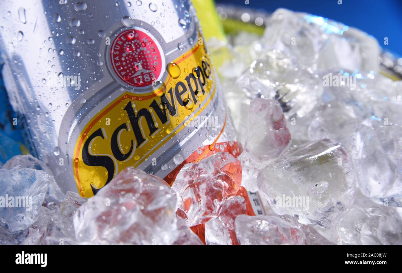 POZNAN, POL - OCT 16, 2019: Can of Schweppes, a Swiss beverage brand ...