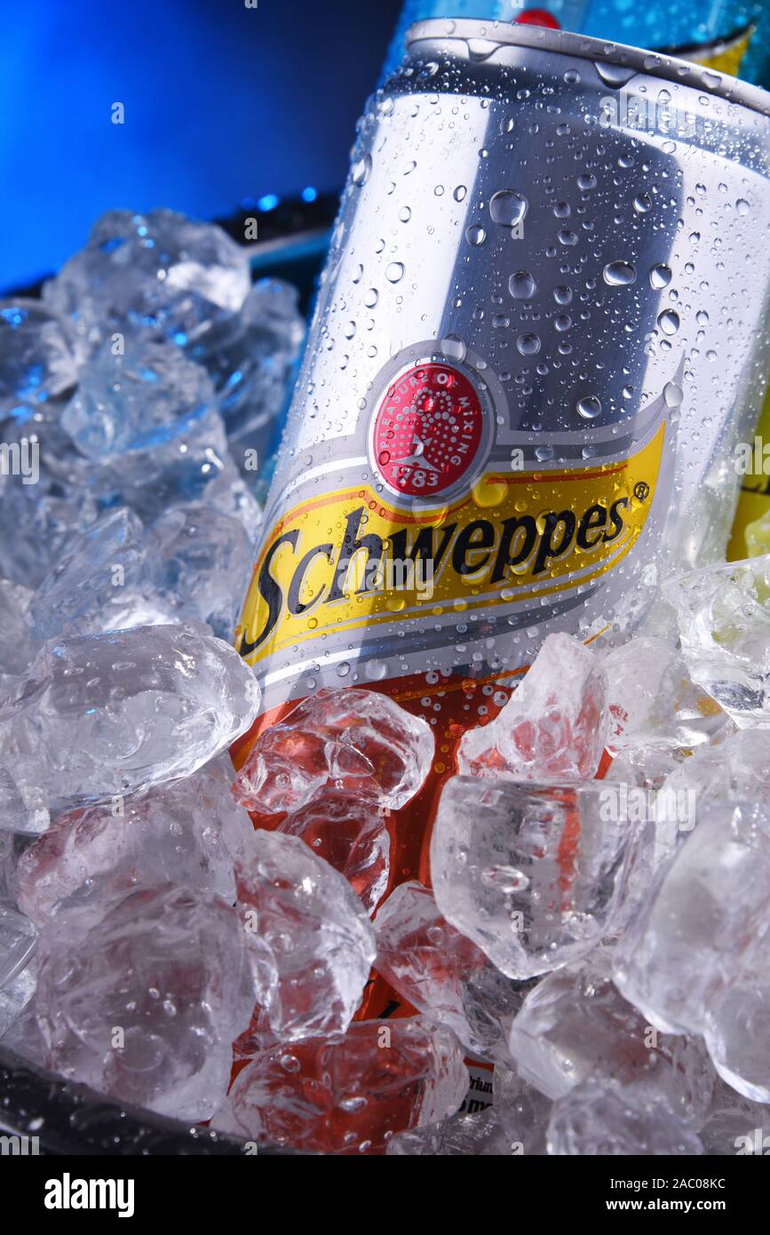 POZNAN, POL - OCT 16, 2019: Can of Schweppes, a Swiss beverage brand ...