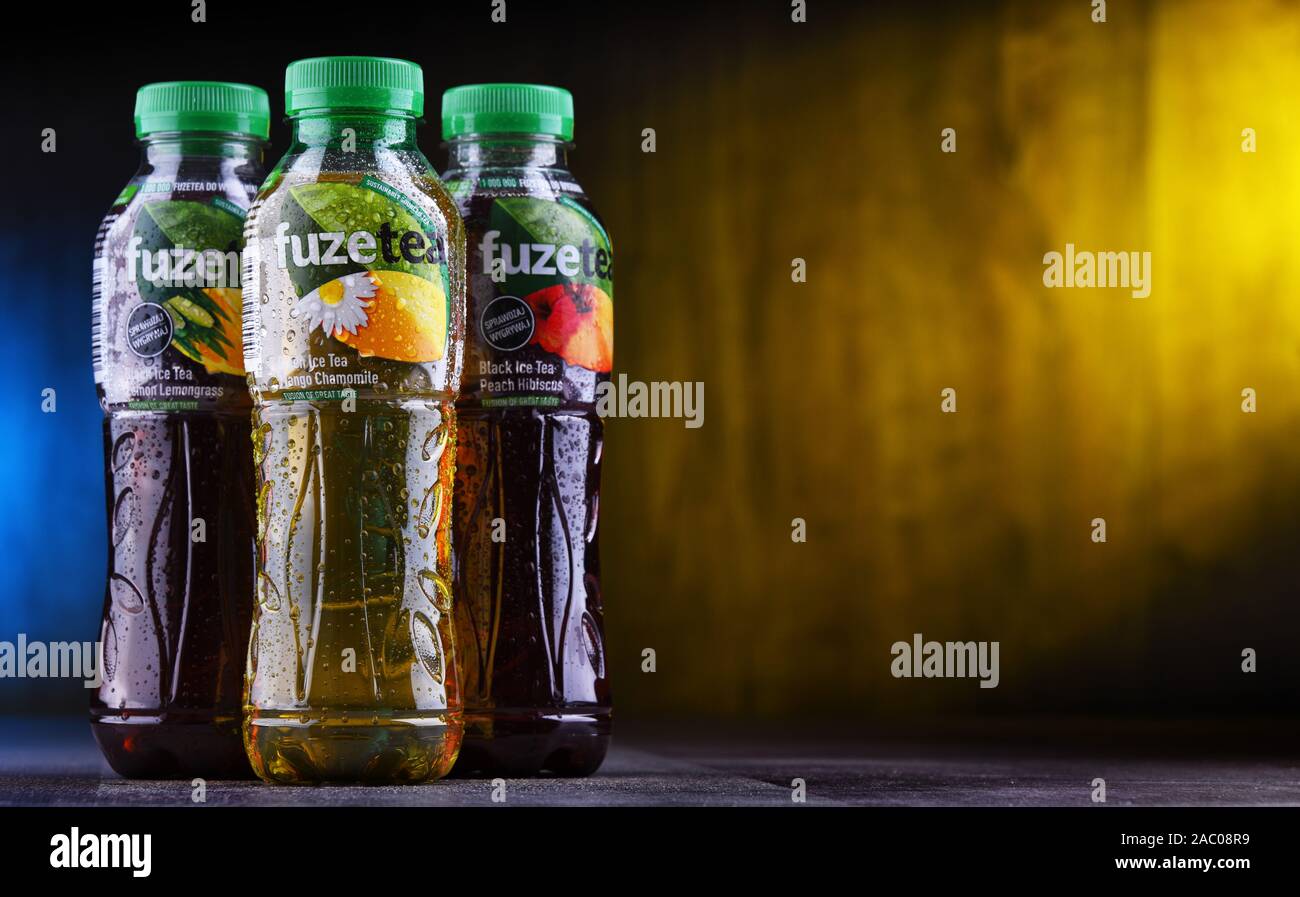 POZNAN, POL - OCT 23, 2019: Plastic bottles of Fuze Ice Tea, a soft ...