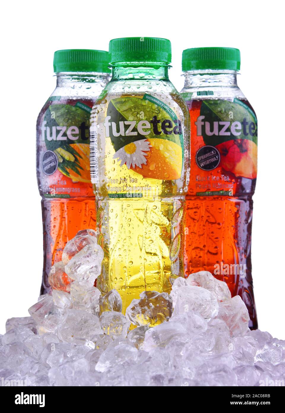 POZNAN, POL - OCT 23, 2019: Plastic bottles of Fuze Ice Tea, a soft ...