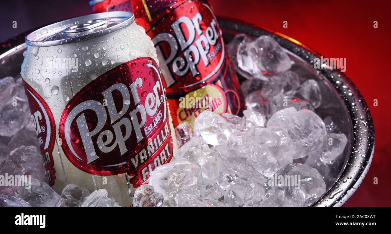 POZNAN, POLAND - OCT 23, 2019: Two cans of Dr Pepper, a carbonated soft ...
