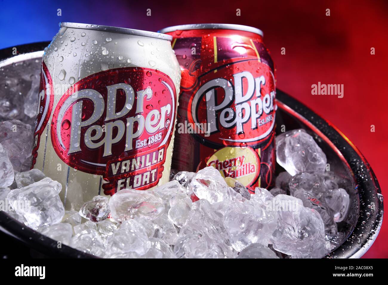 POZNAN, POLAND - OCT 23, 2019: Two cans of Dr Pepper, a carbonated soft ...
