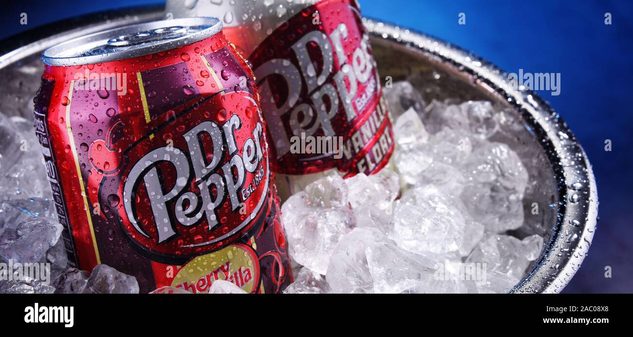 POZNAN, POLAND - OCT 23, 2019: Two cans of Dr Pepper, a carbonated soft ...