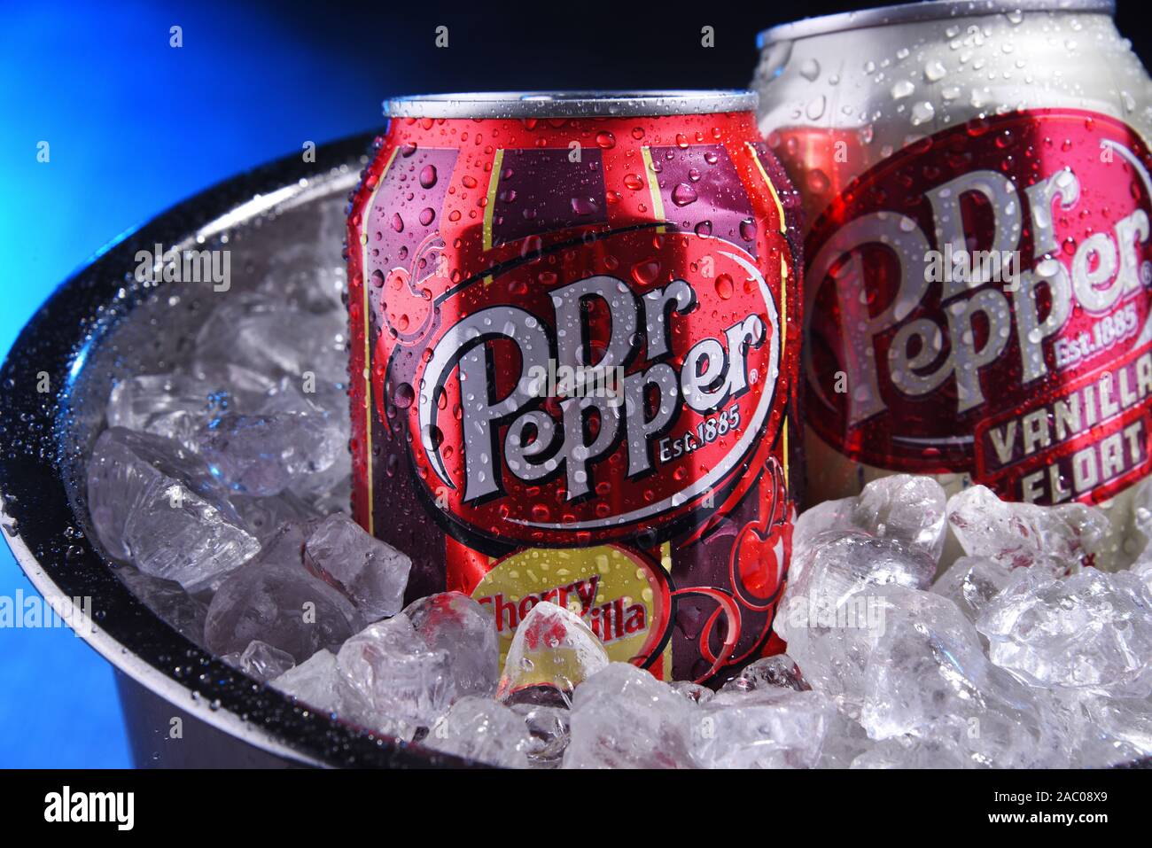 POZNAN, POLAND - OCT 23, 2019: Two cans of Dr Pepper, a carbonated soft ...
