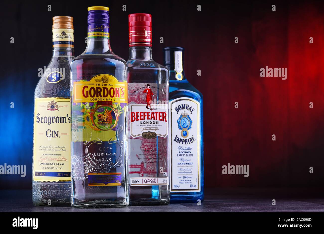 POZNAN, POLAND - OCT 23, 2019: Four bottles of popular global gin ...