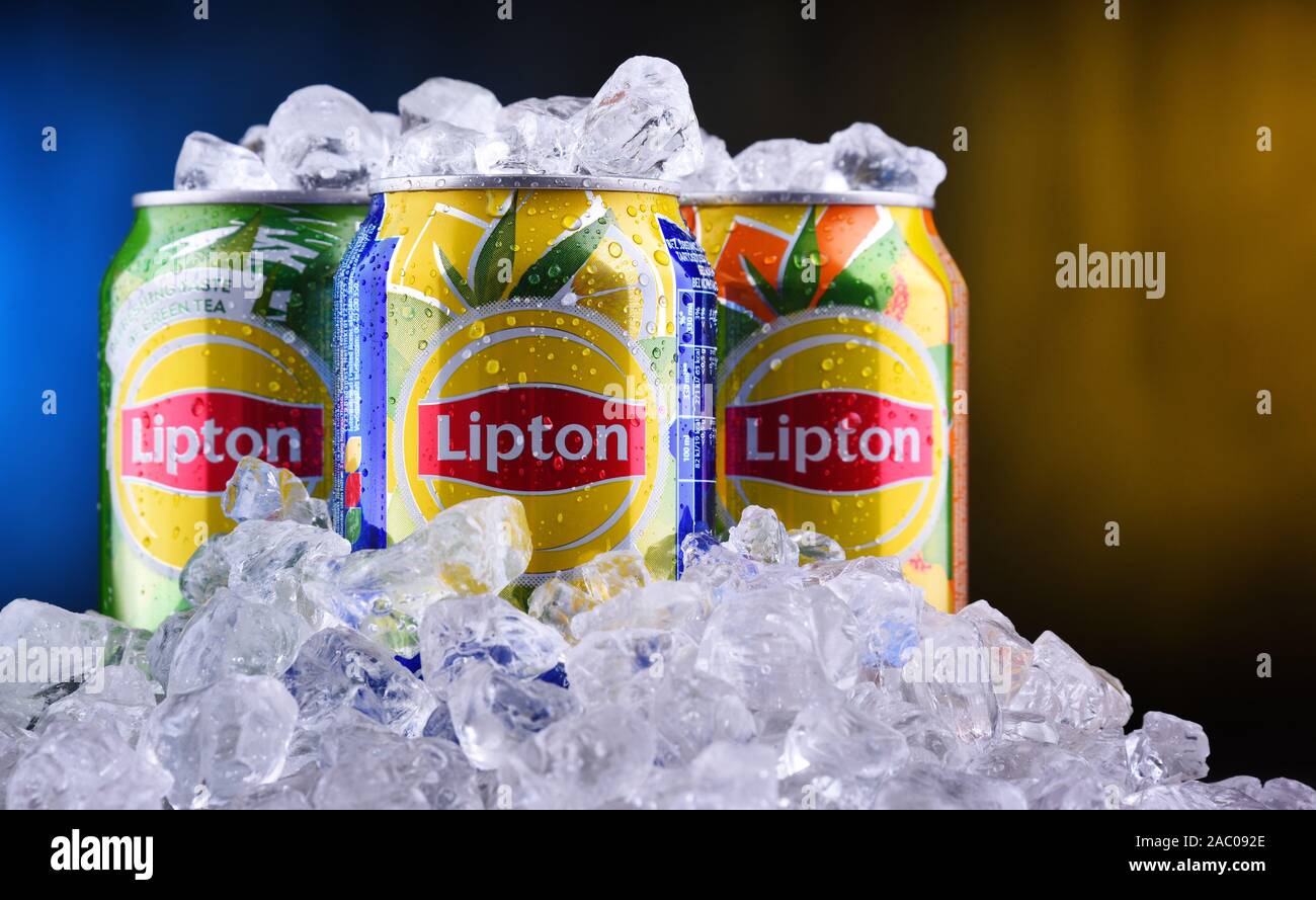 POZNAN, POL - OCT 23, 2019: Cans of Lipton Ice Tea, a soft drink brand ...