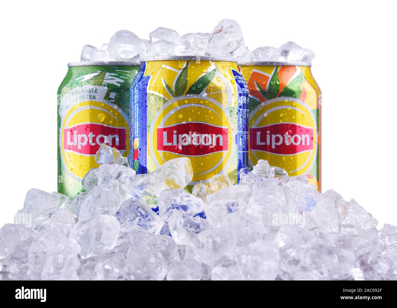 POZNAN, POL - OCT 23, 2019: Cans of Lipton Ice Tea, a soft drink brand ...