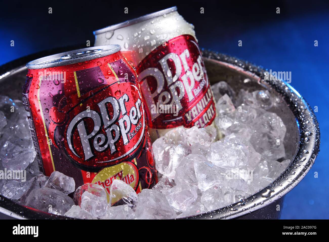 POZNAN, POLAND - OCT 23, 2019: Two cans of Dr Pepper, a carbonated soft ...