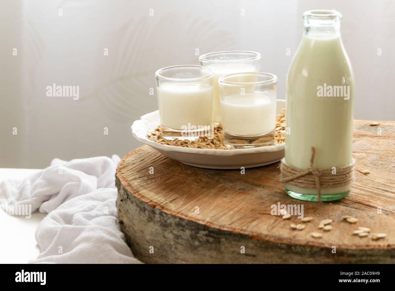 Fresh oat milk drink. Healthy nutritional ingredient, dairy themes ...