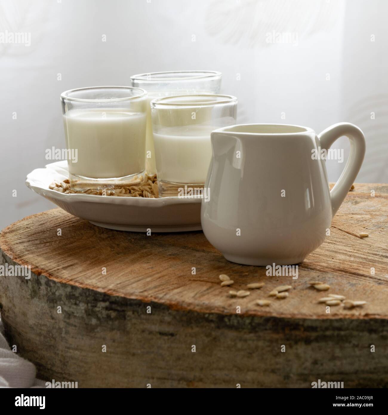 Fresh oat milk drink. Healthy nutritional ingredient, dairy themes ...