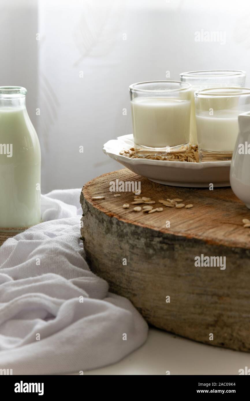 Fresh oat milk drink. Healthy nutritional ingredient, dairy themes ...