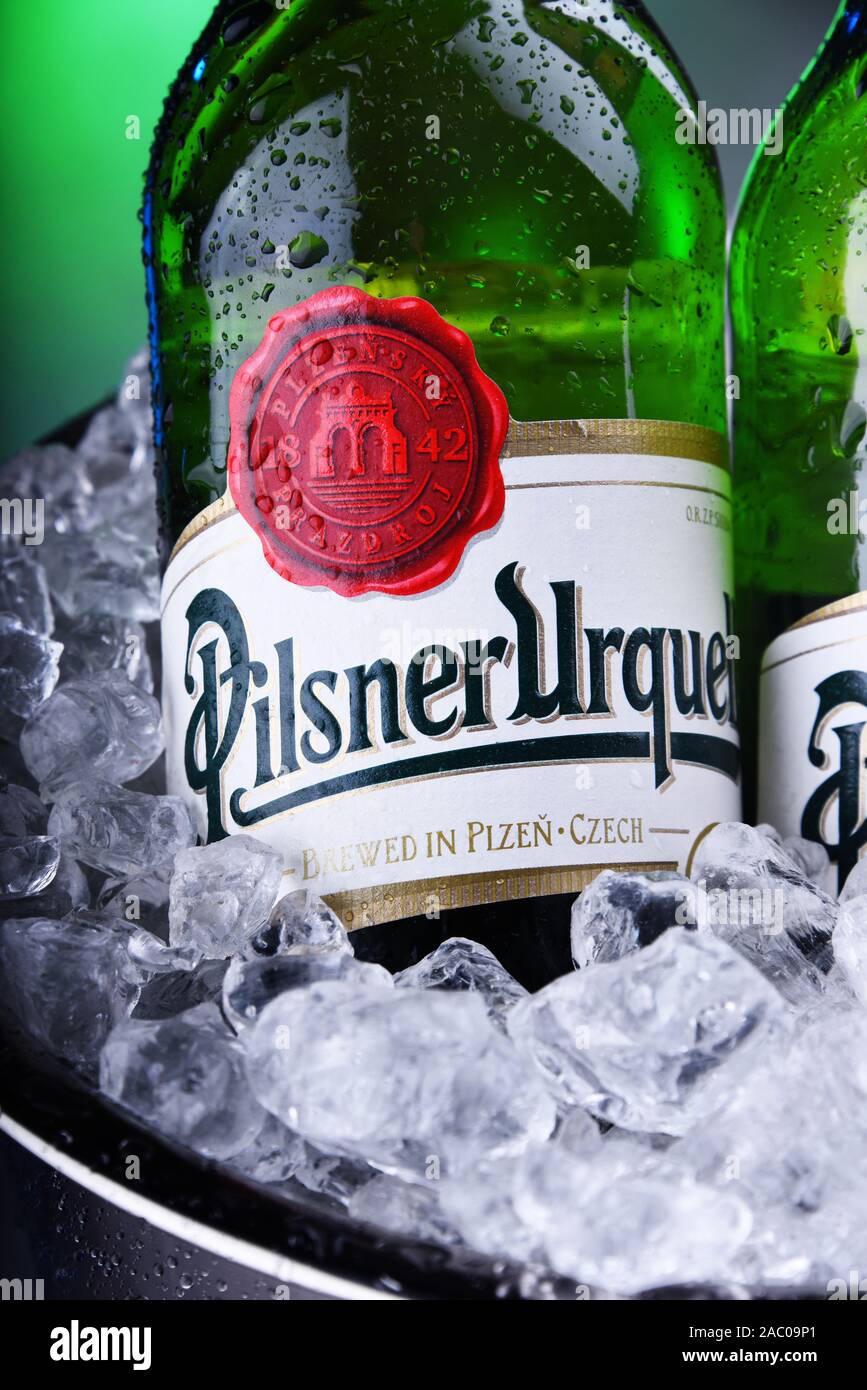 POZNAN, POL - NOV 8, 2019: Bottles of Plzensky Prazdroj, the first ...