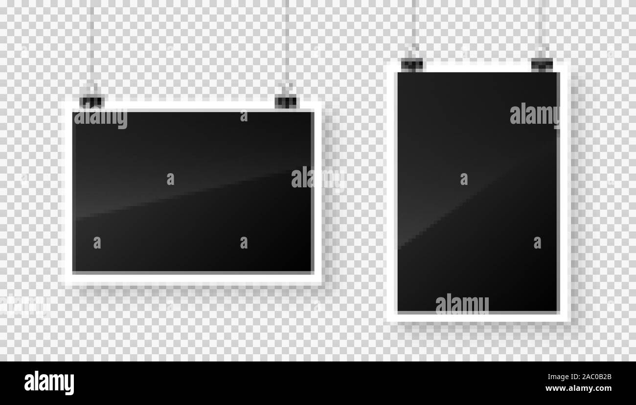 Photo card frame, film hanging on paper clips with transparent background. Digital snapshot ...