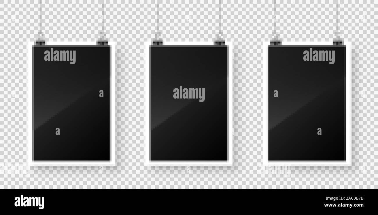 Photo card frame, film hanging on paper clips with transparent background. Digital snapshot ...