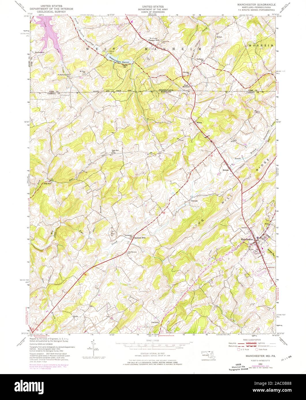 USGS TOPO Map Pennsylvania MD Manchester 256560 1953 24000 Restoration ...