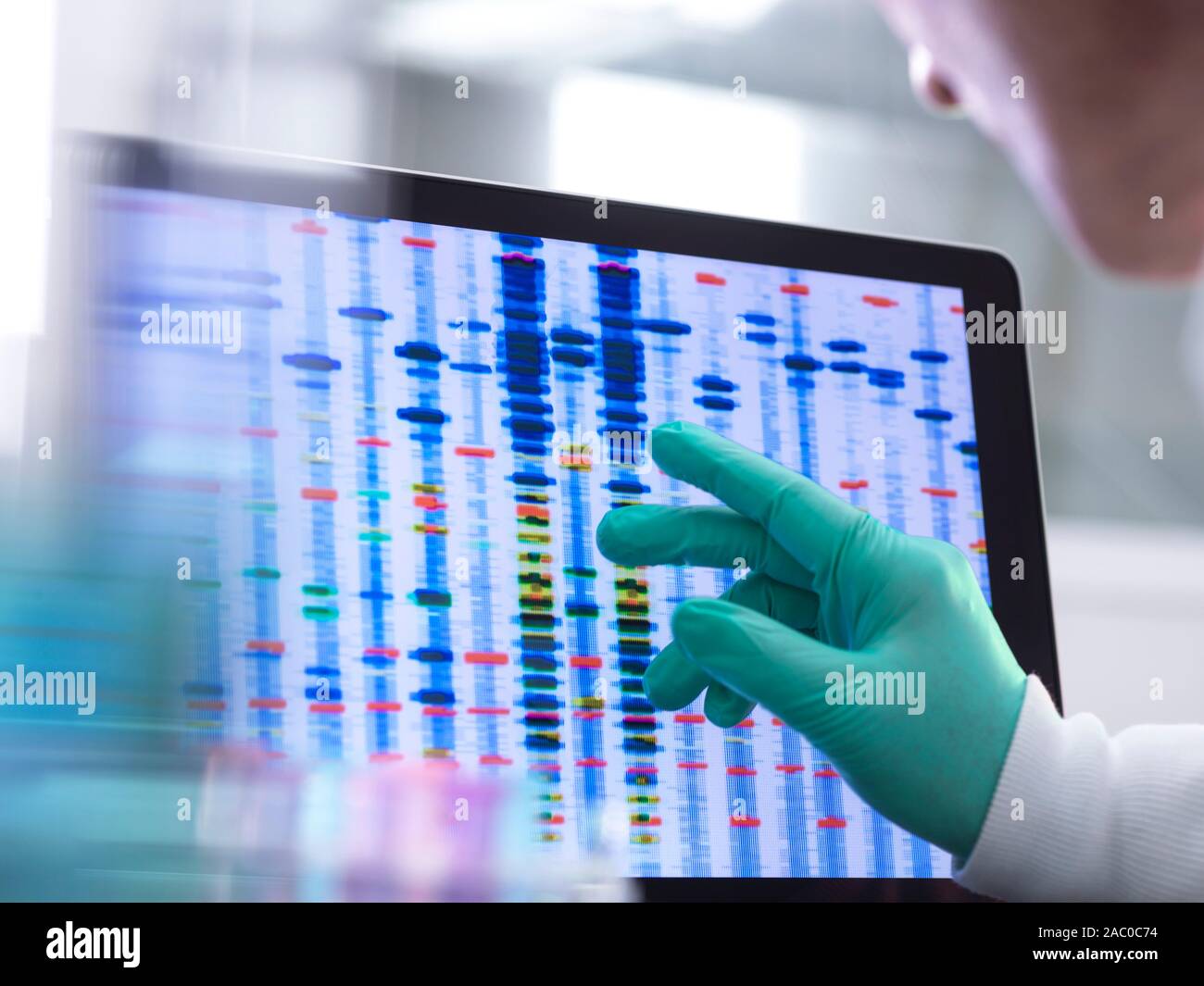 Scientist examining DNA (deoxyribonucleic acid) results on a screen ...