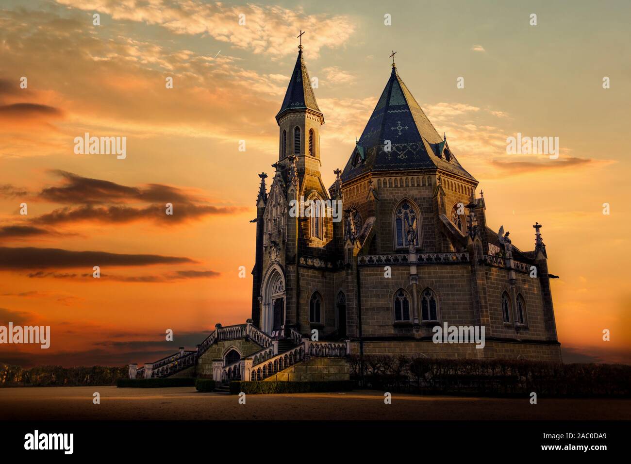 Fantasy castle view in the sunset light Stock Photo - Alamy