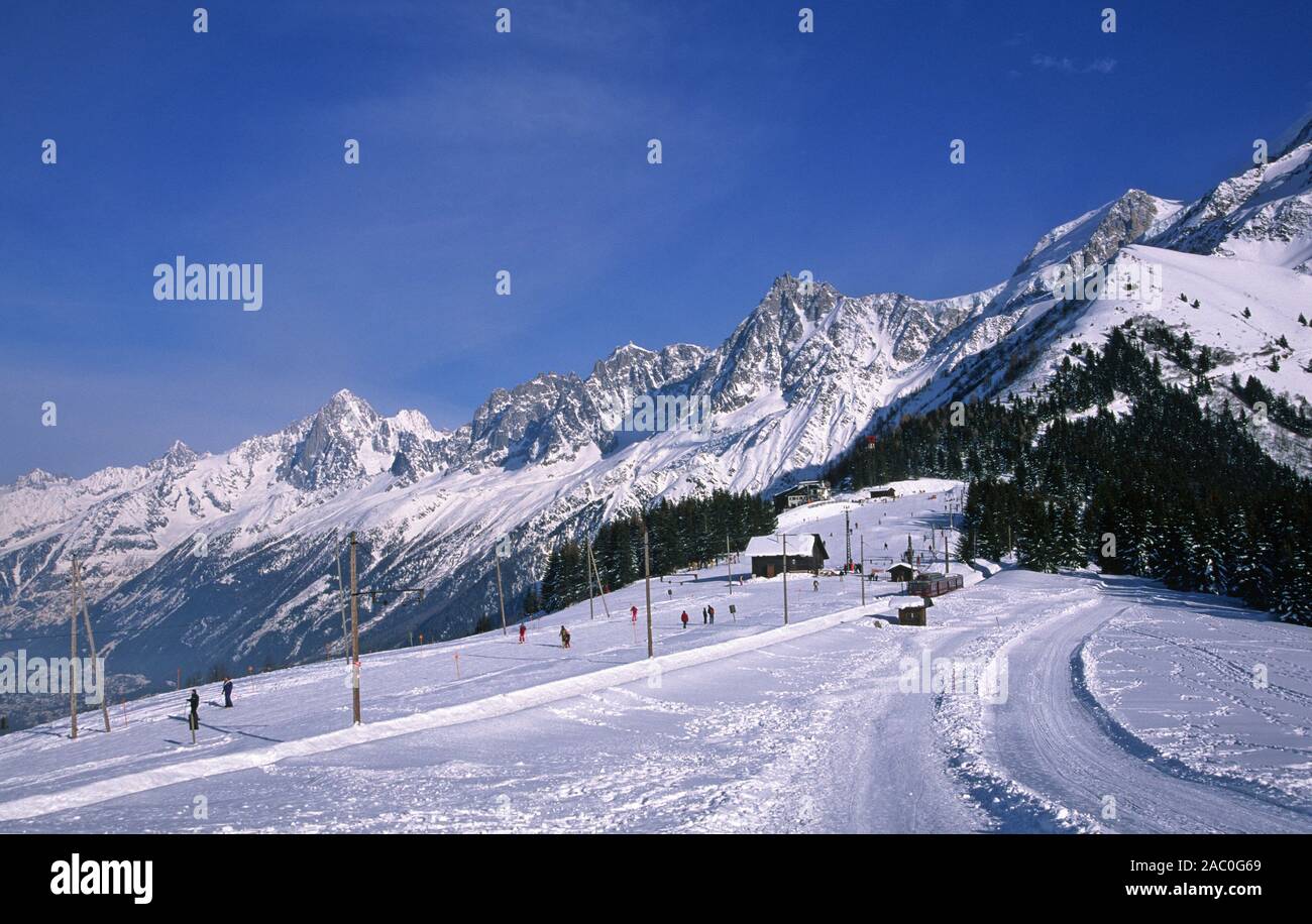 Skier on a ski slope at the ski resort Les Houches Chamonix Haute ...