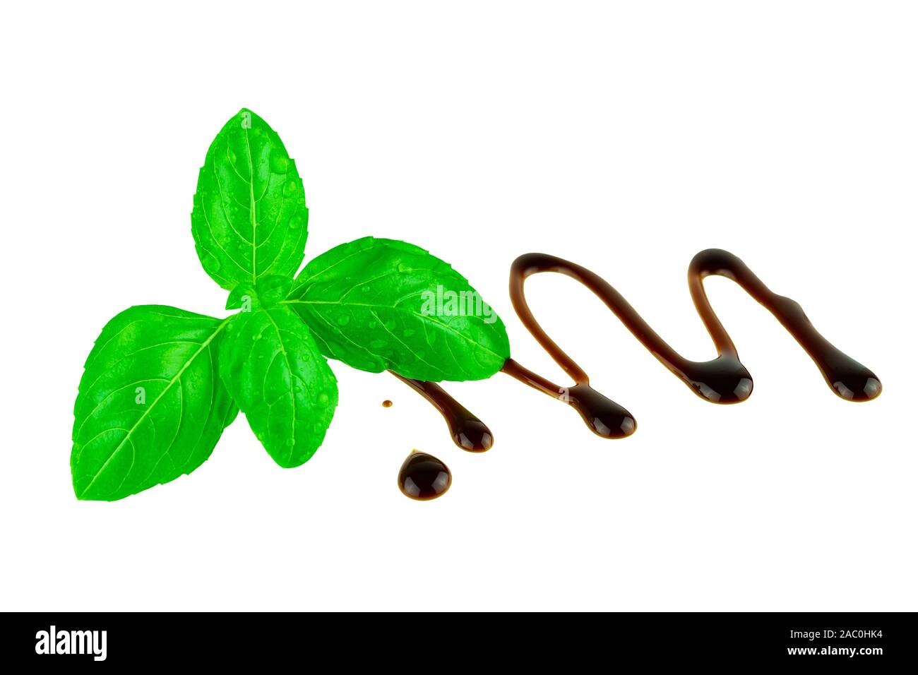 Basil leaf with vinegar balsamic drops line on white. Italian cuisine ...