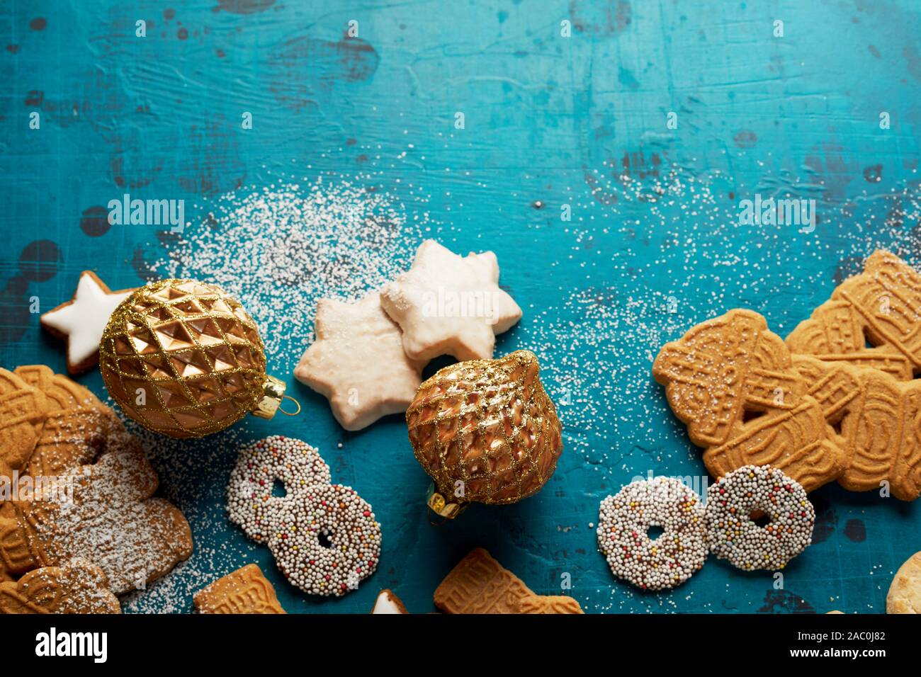 Christmas food border with traditional baked cookies, ornaments and ...