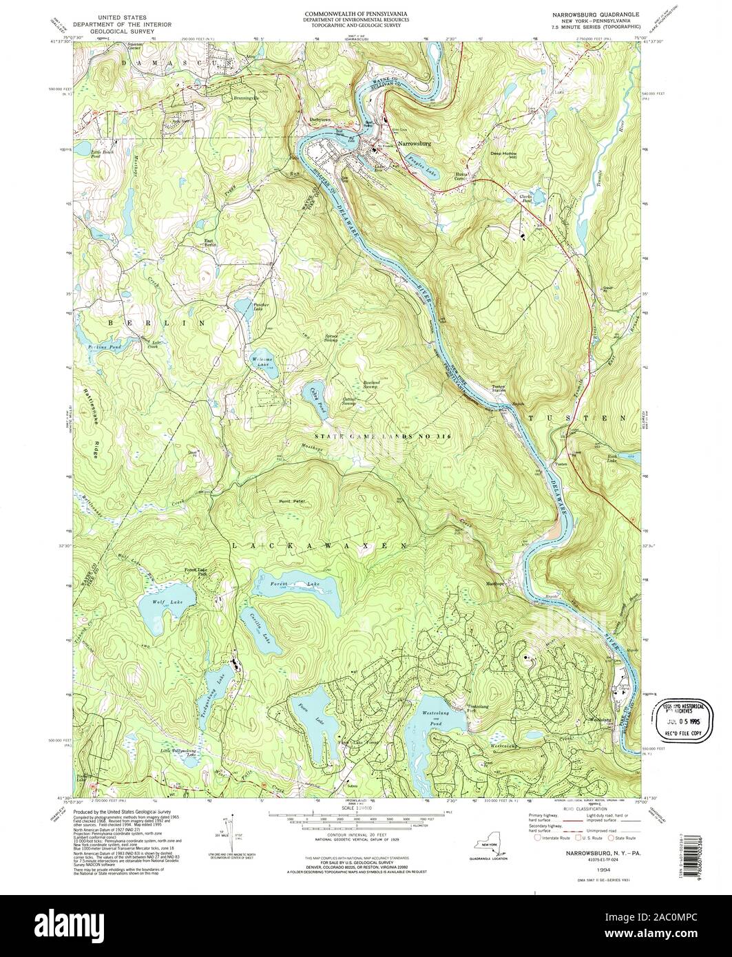 USGS TOPO Map Pennsylvania NY Narrowsburg 137396 1994 24000 Restoration ...