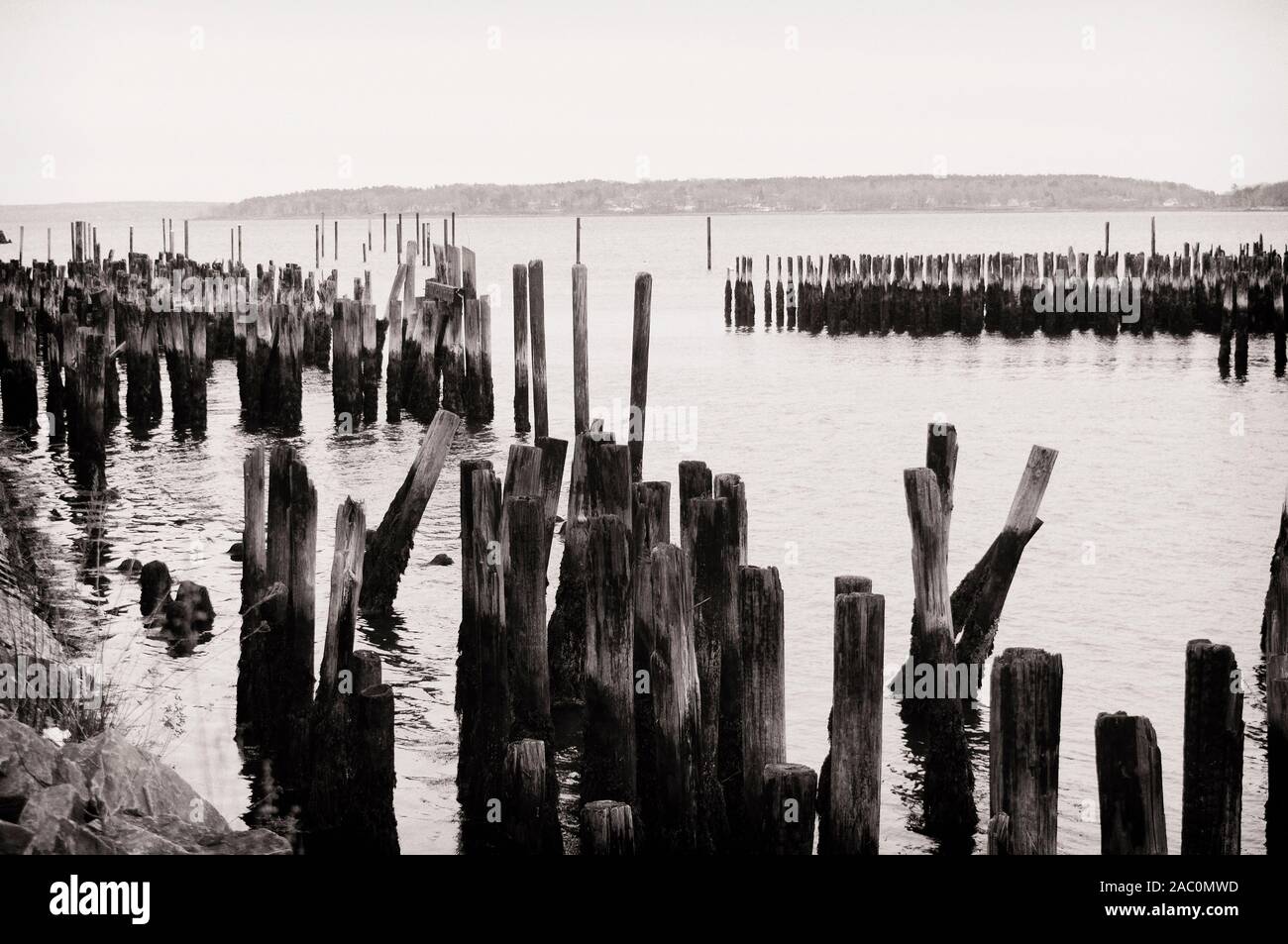 Weathered wooden posts in the waterfront area of Portland Maine in ...