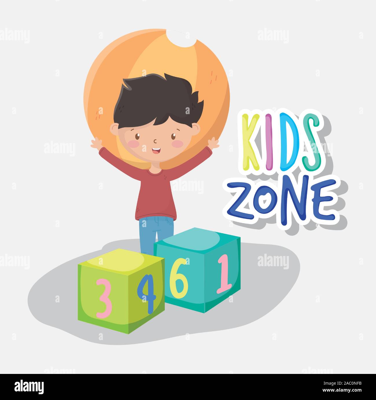 kids zone, happy little boy with ball and blocks numbers vector ...
