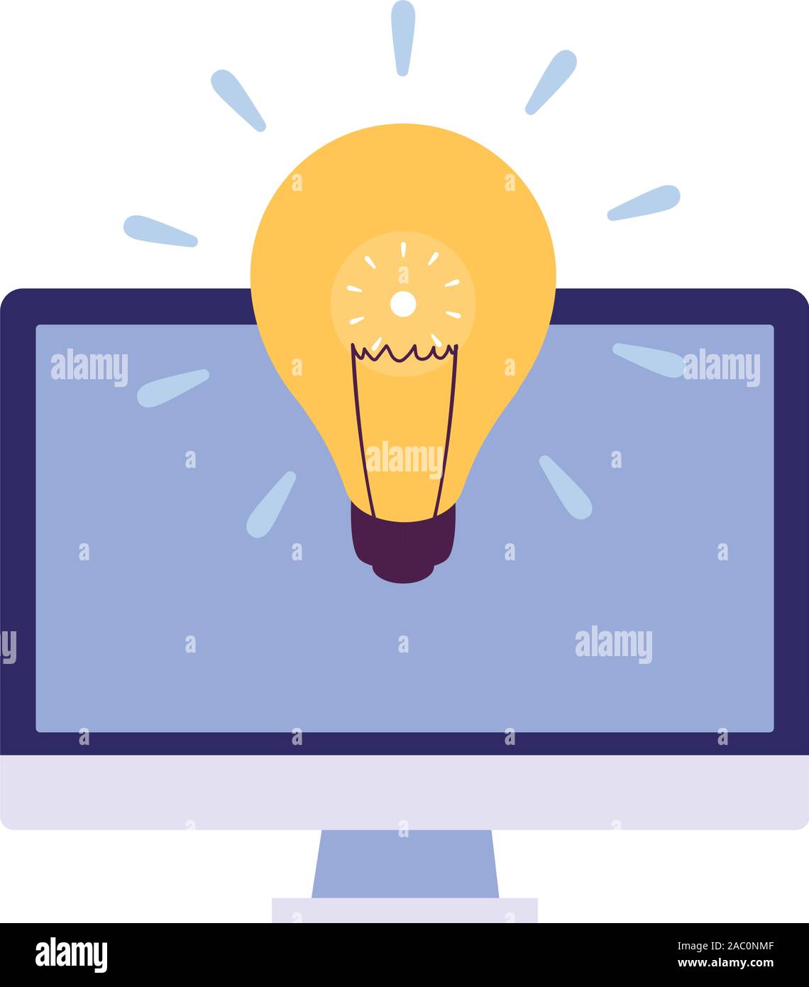 desktop computer screen with light bulb on in white background vector ...