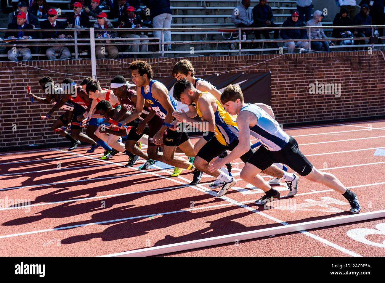 High School boys 4x400 runners competing at the 2019 Penn Relay Stock ...