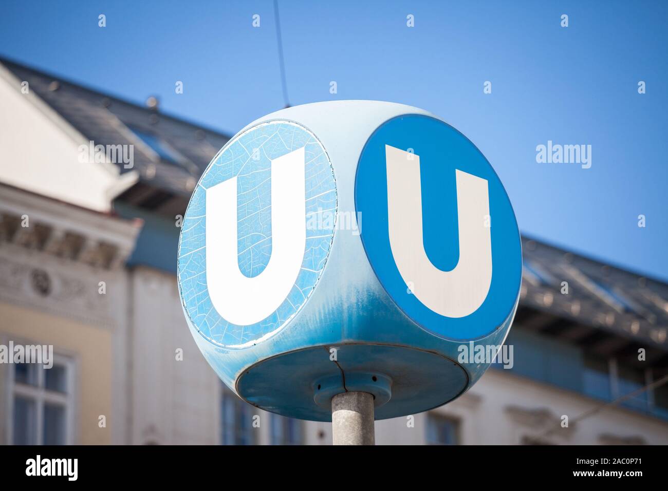 Iconic blue U of a metro station sign of Vienna, Austria, also called U ...