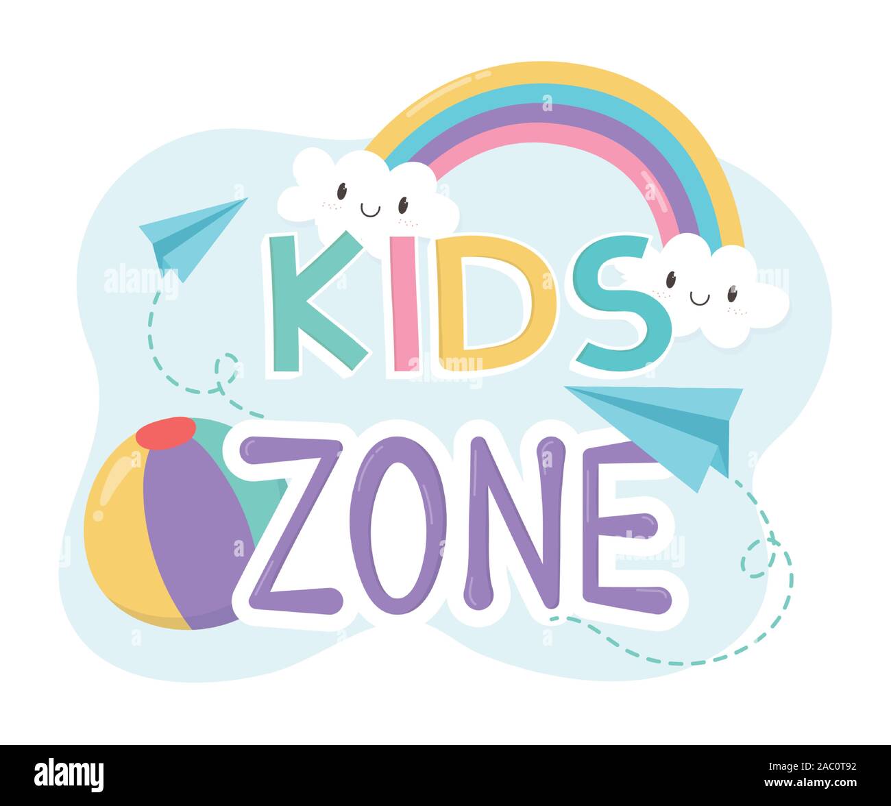 kids zone, rubber ball paper planes and rainbow cartoon vector ...