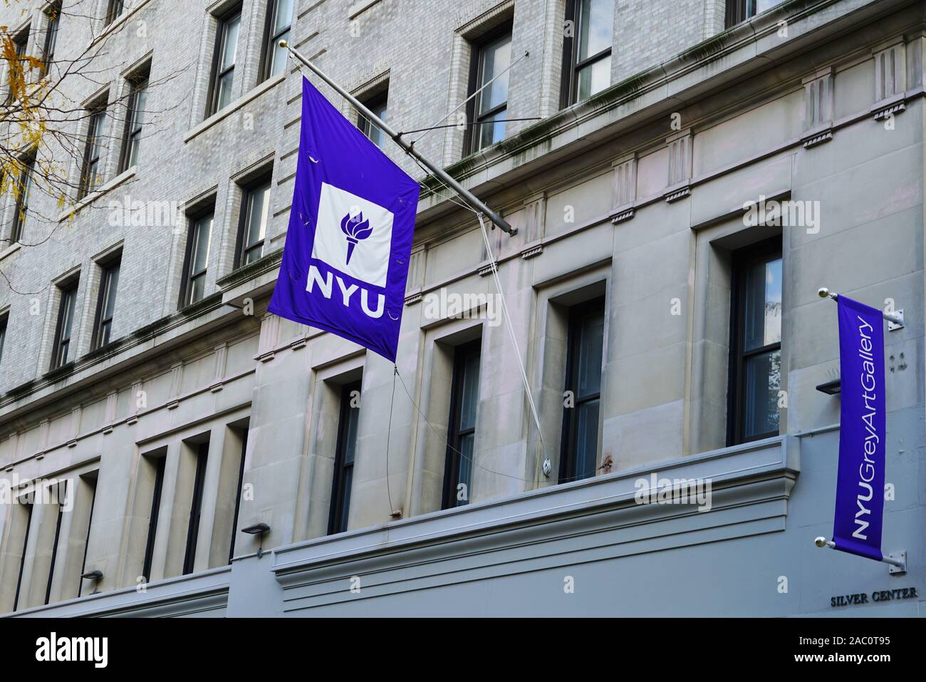 NEW YORK CITY, NY -3 NOV 2019- View of a purple school flag on the ...