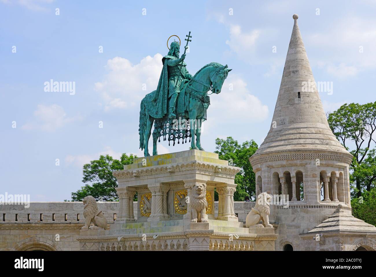 BUDAPEST, HUNGARY -26 MAY 2019- View of the St Stephen statue in the ...