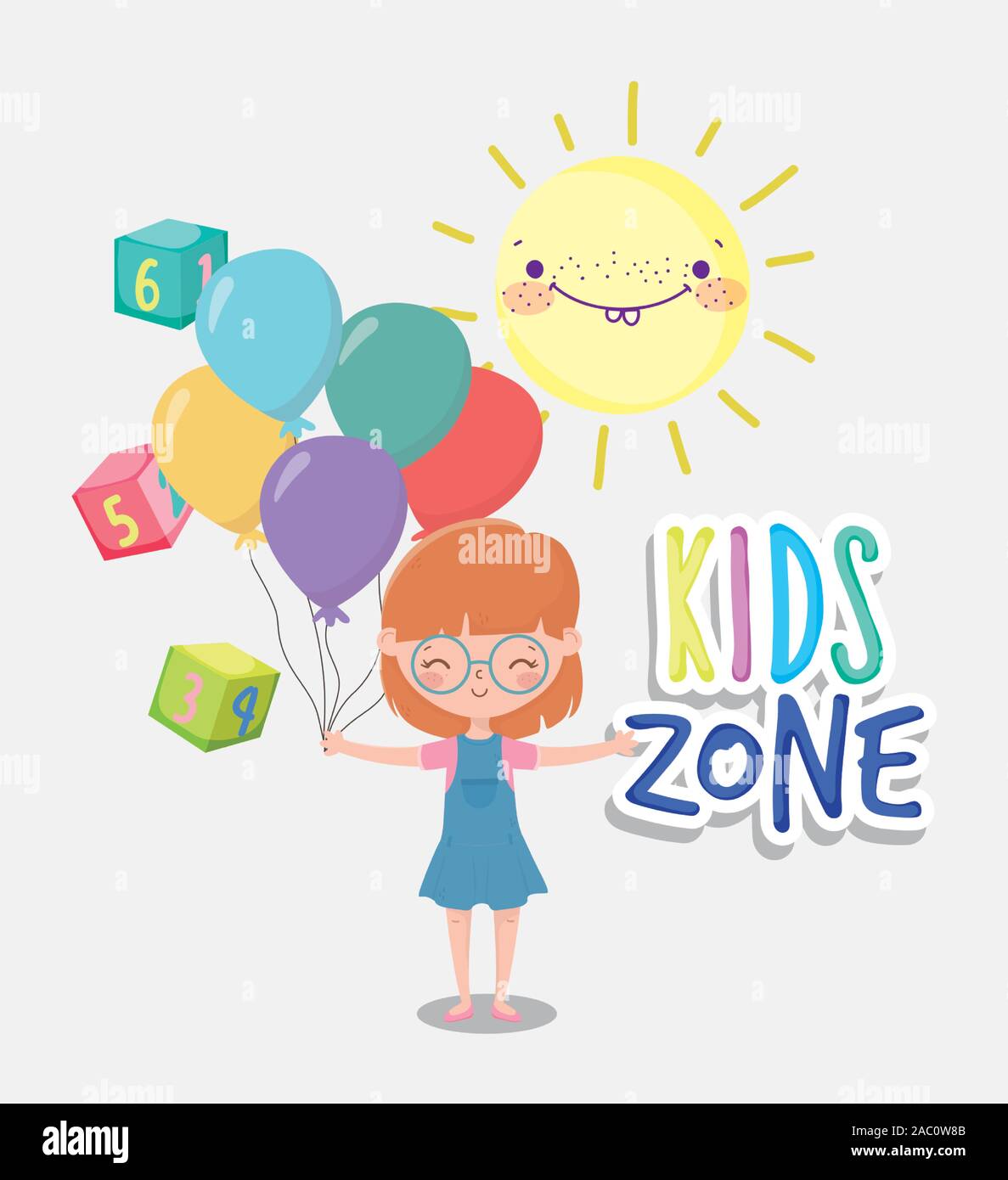 kids zone, cute little girl with balloons cubes toy cartoon sun vector ...
