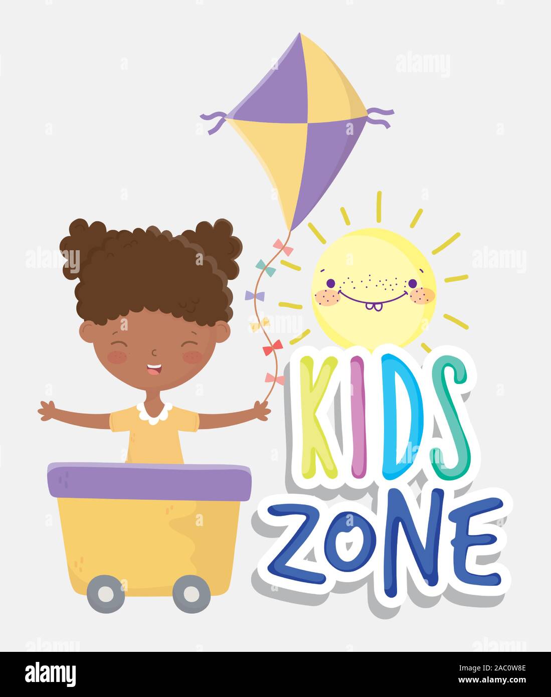 kids zone, cute little girl in wagon with kite cartoon sun vector ...