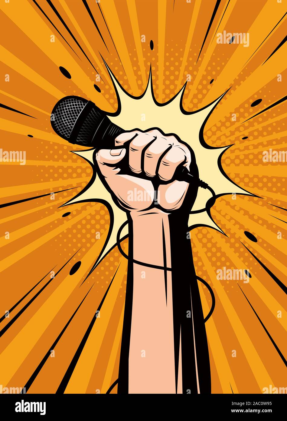 Microphone in hand drawn in pop art retro comic style. Cartoon vector ...