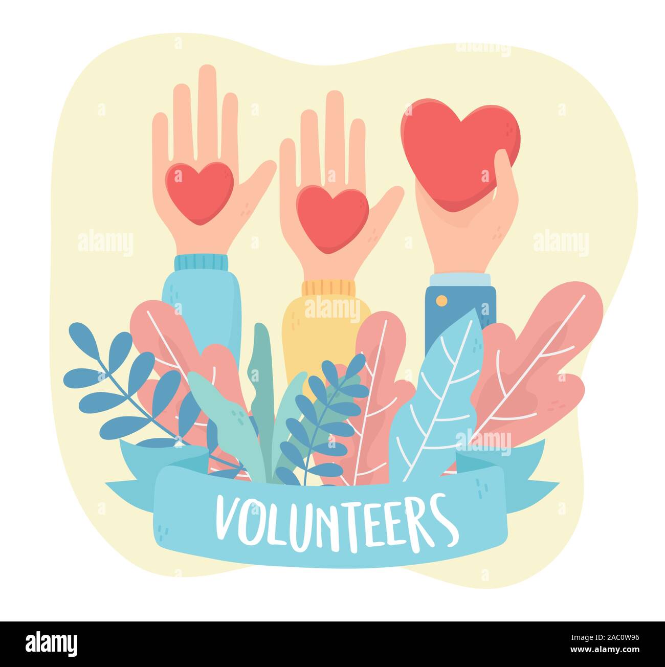 volunteering, help charity raised hands with hearts love leaves vector ...