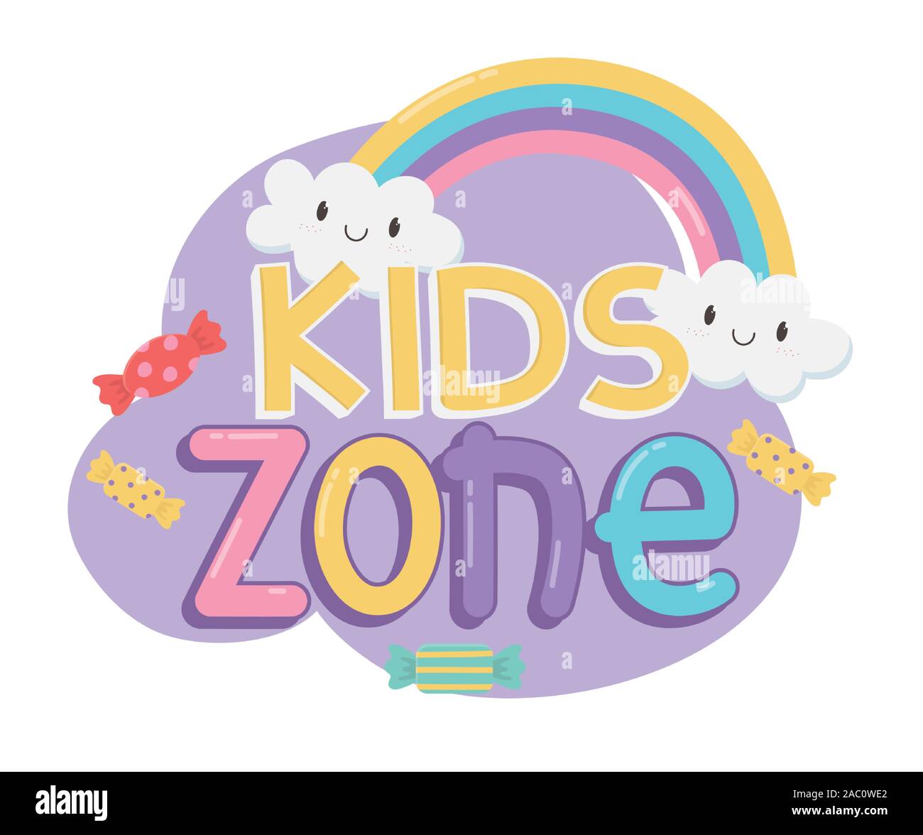 kids zone, sweet candies clouds rainbow cartoon lettering vector ...