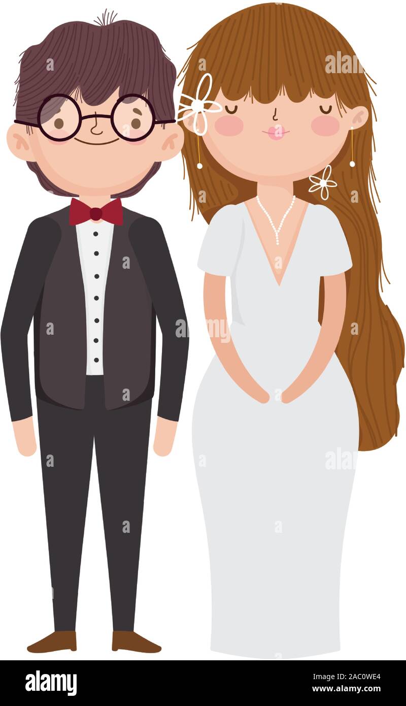Wedding Couple Bride And Groom In Elegant Suits Cartoon Vector