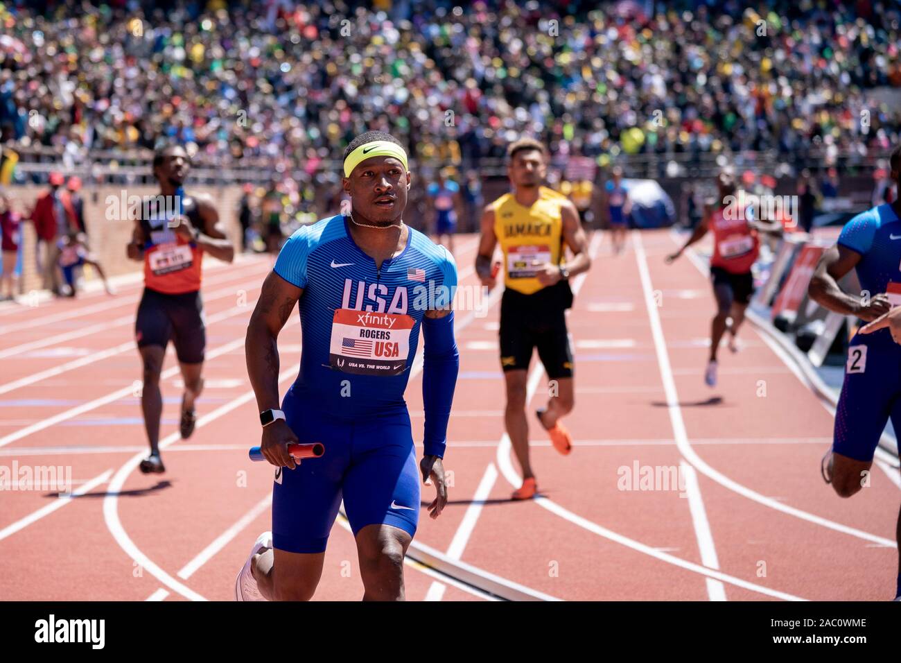 Mike Rogers (USA) competing USA vs the World Men 4x100m at the 2019 ...