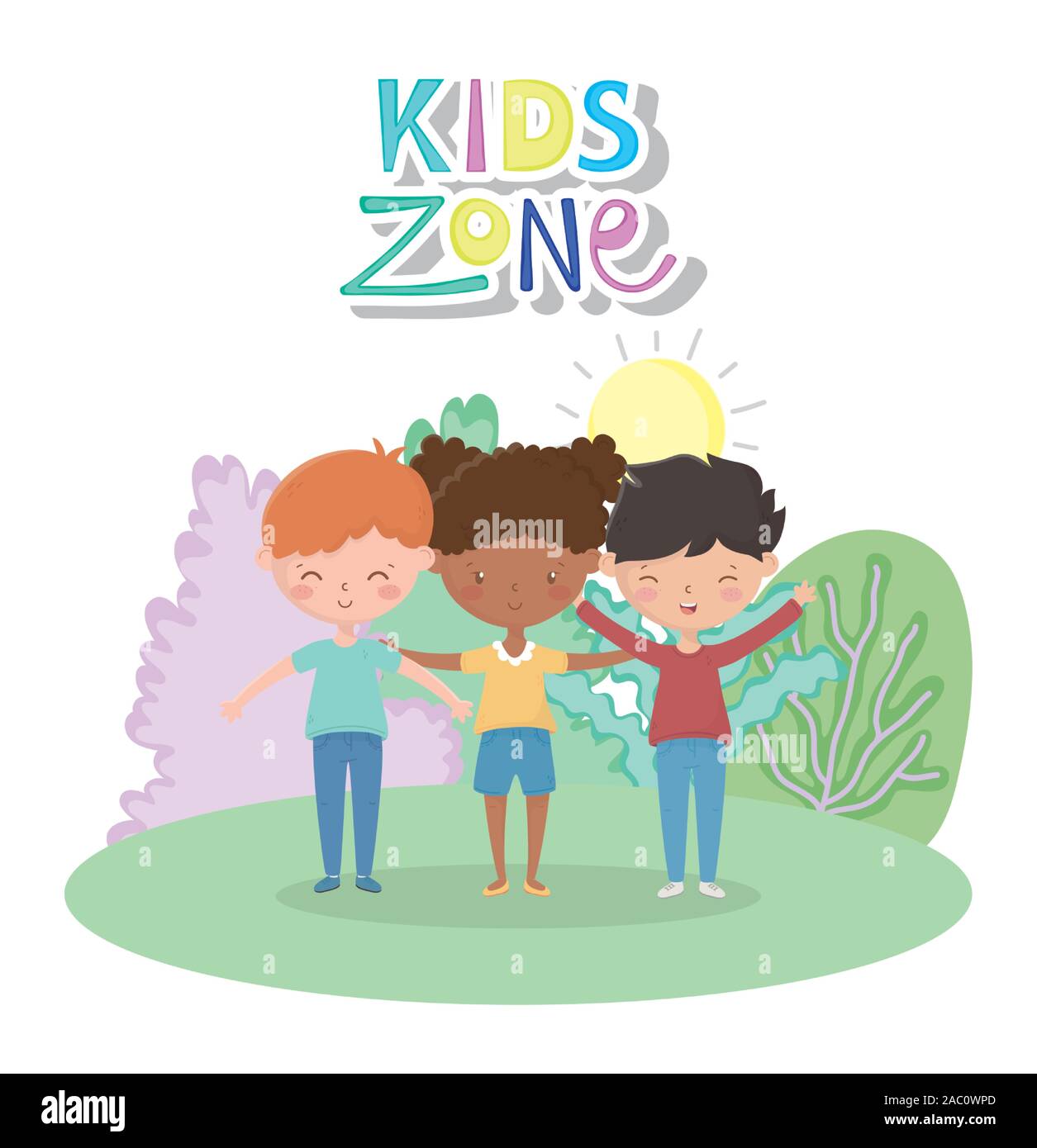 kids zone, cute girl and boys in the meadow sun cartoon vector ...