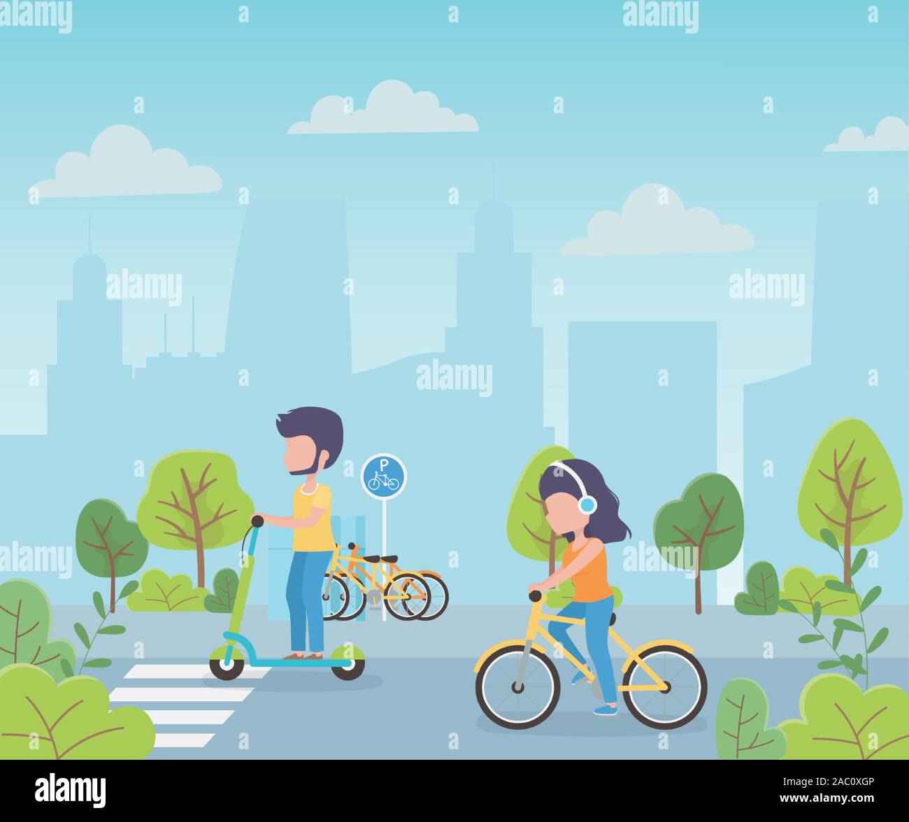 urban ecology man in kick scooter and woman riding bike route city ...