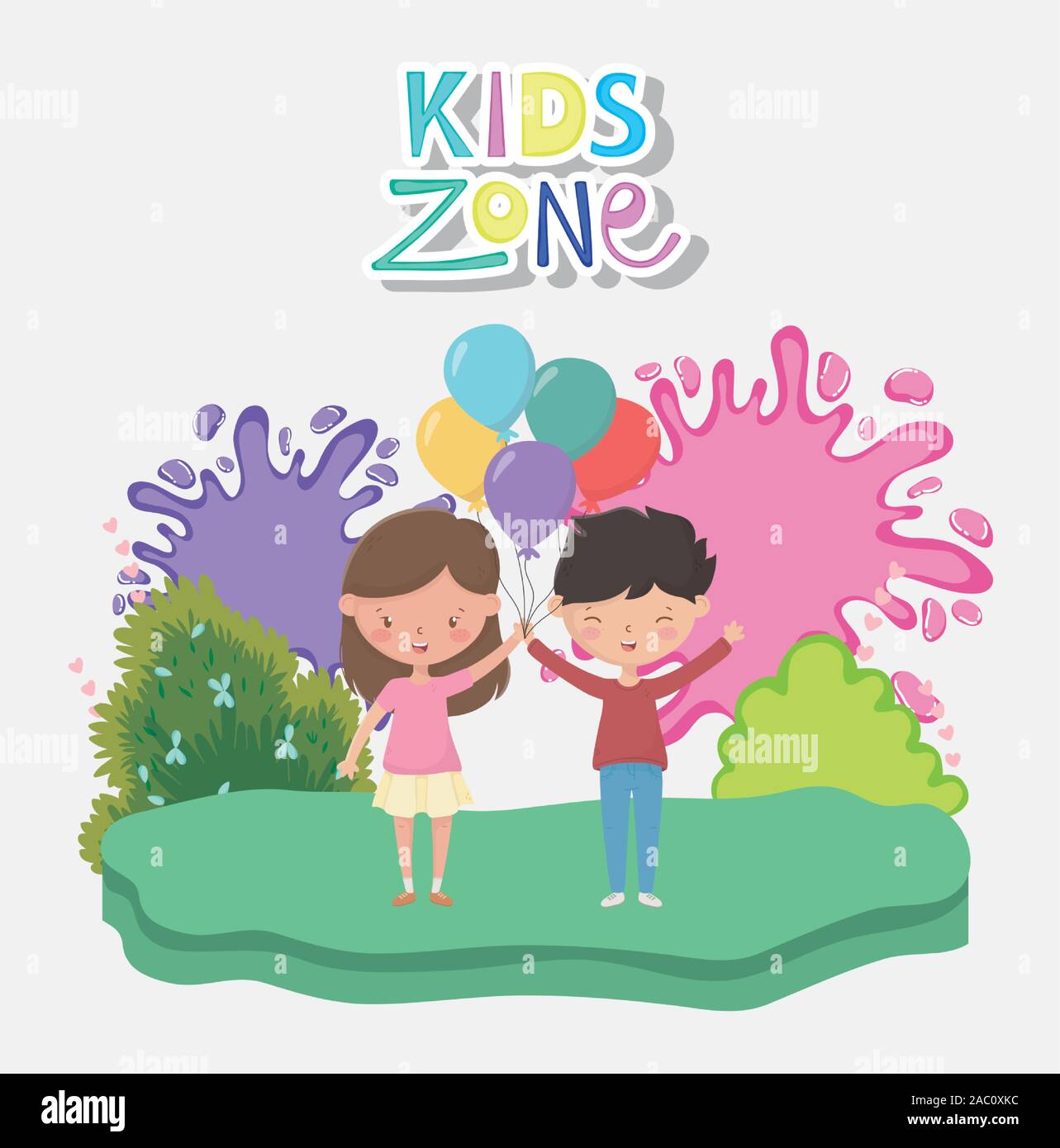 kids zone, happy little boy and girl splashes color paint outdoor ...