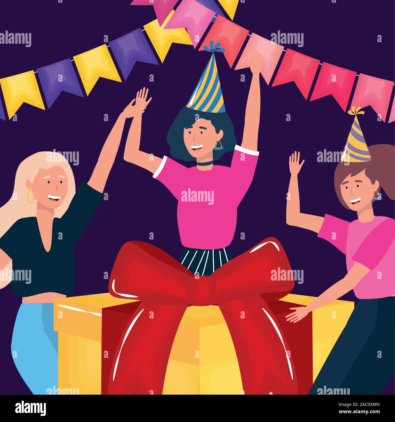 happy birthday, group women with gift bunting flags dark background ...