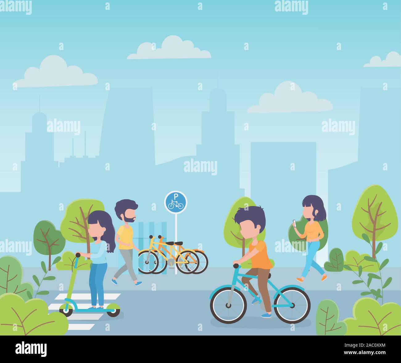 urban ecology people with bike electric scooter walking in the street ...