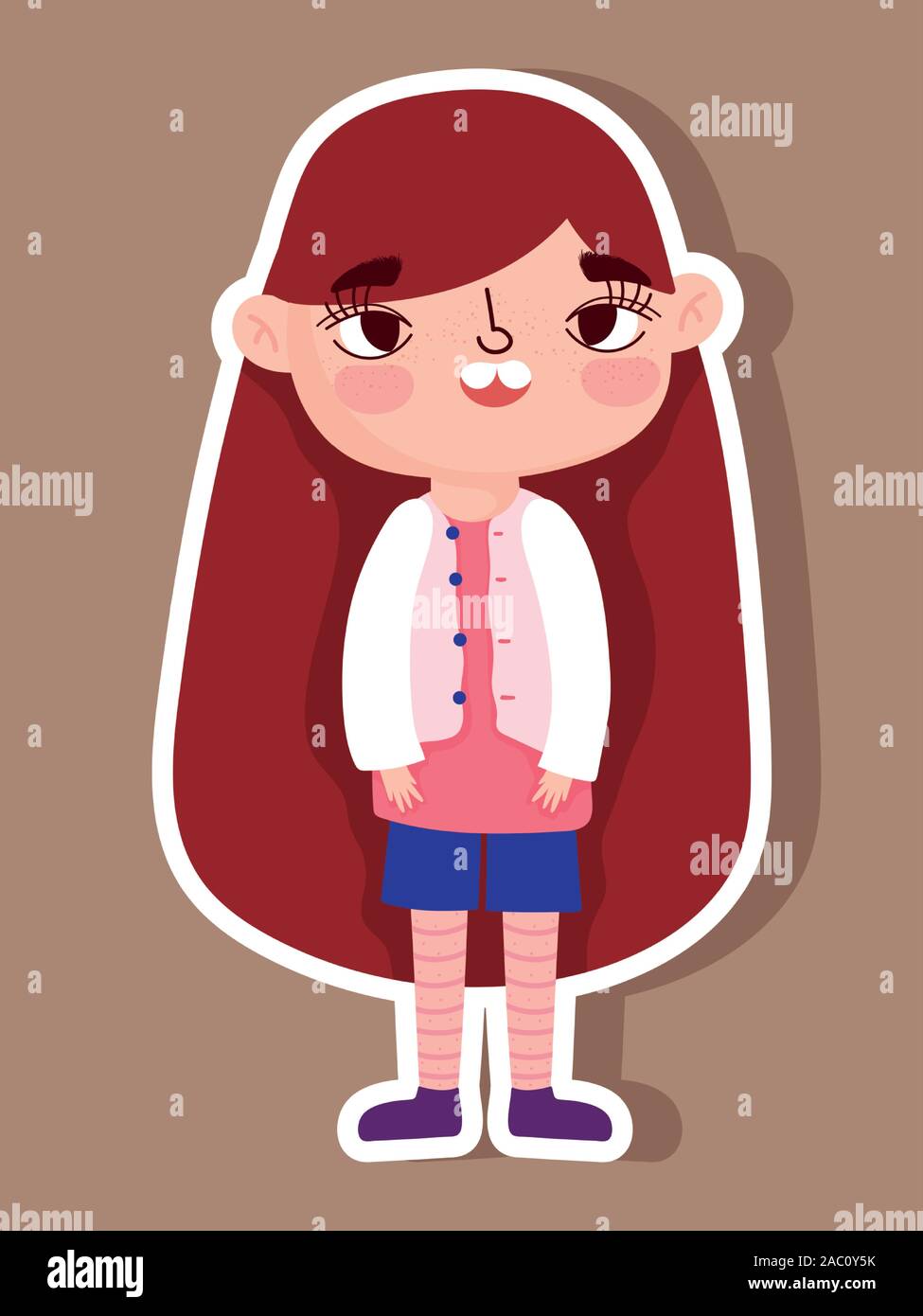cartoon character animation little girl long hair sticker style vector ...
