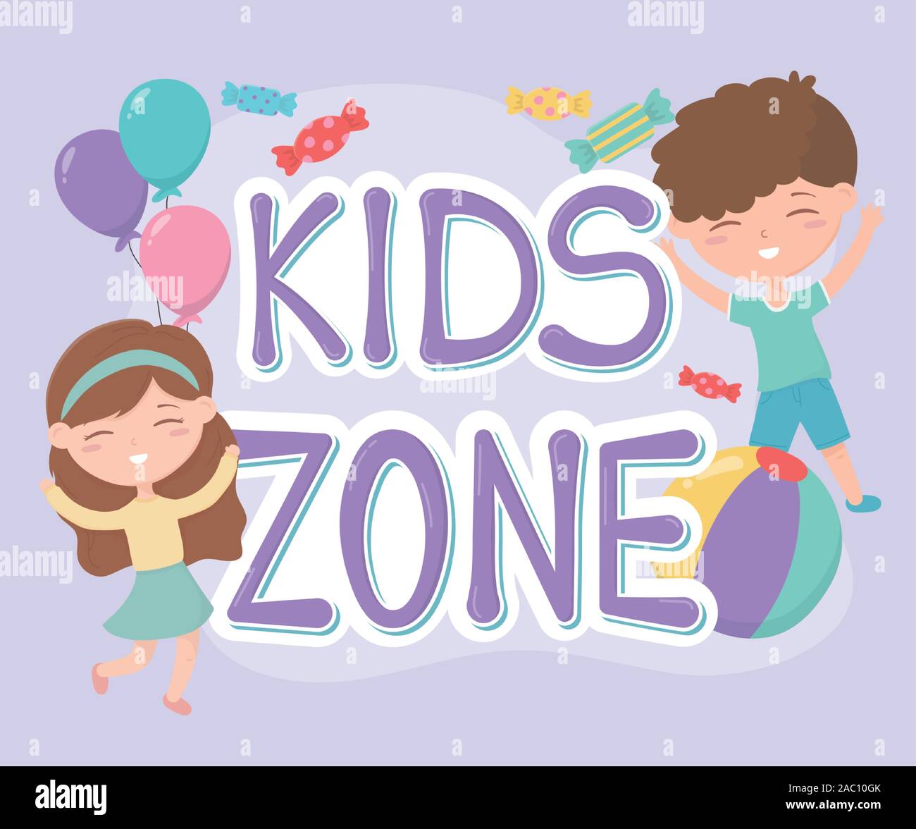 kids zone, happy little boy and girl balloons and candies cartoon ...