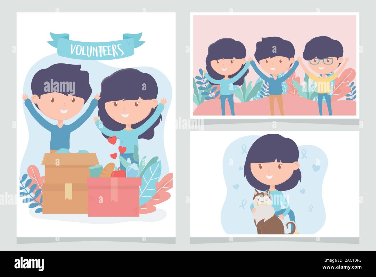 volunteering, help charity people donate community support cards vector ...