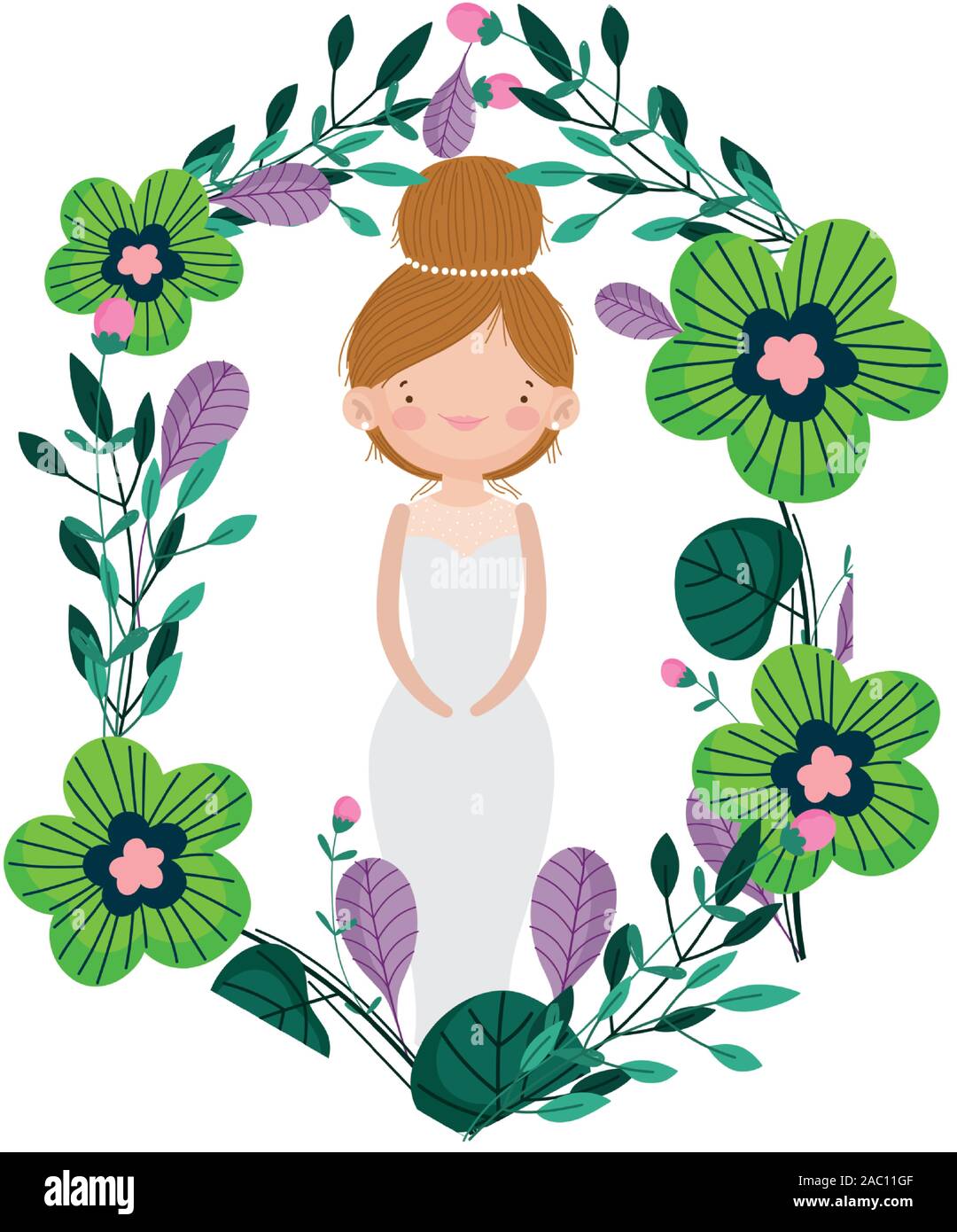 wedding bride flowers foliage floral decoration cartoon vector ...