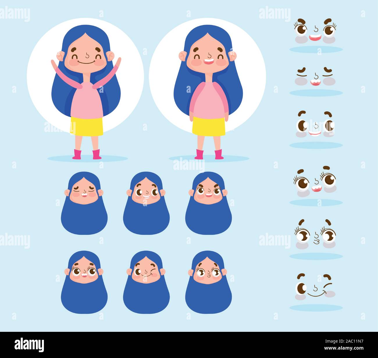 cartoon character animation little girl long hair with expressions ...